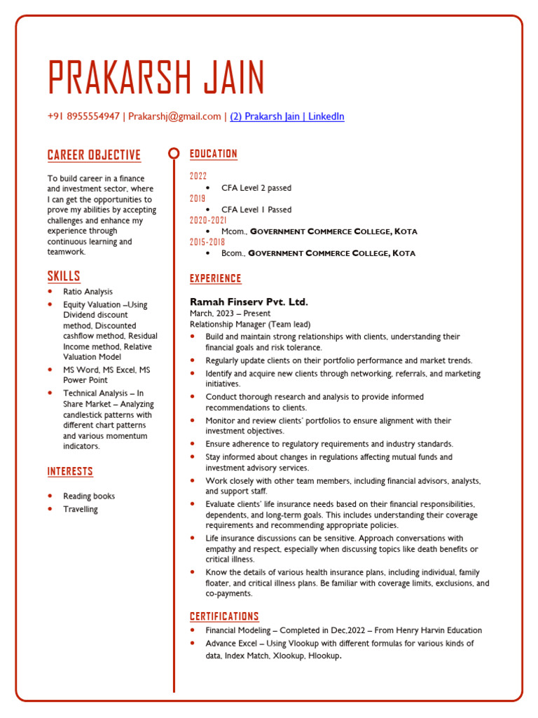 Prakarsh Jain Resume Updated | PDF | Investing | Valuation (Finance)