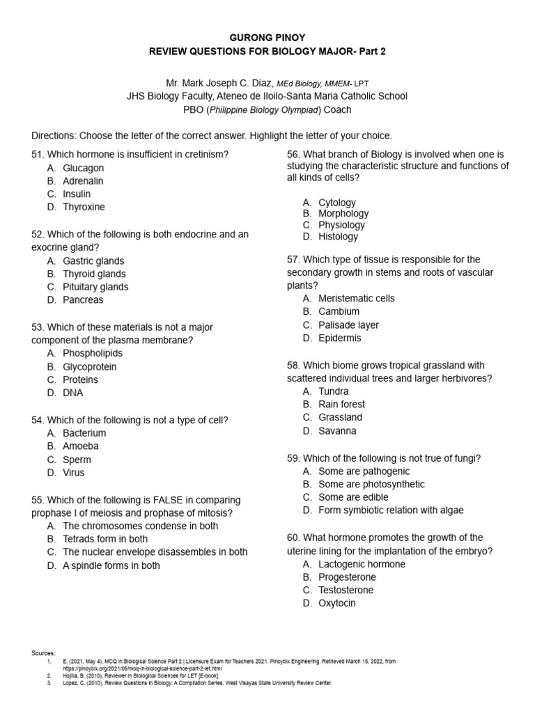 LET Review Questions For Biology Major Part 2 | PDF | Biology | Cell ...