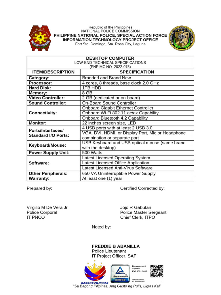 Technical Specifications of Desktop Computers - Low-End For DD, SAF ...