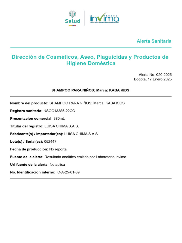 Alerta No - #019-2025 - SHAMPOO PARA NIÑOS Marca KABA KIDS | PDF