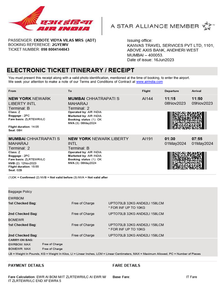 Vidya Vilas Ekbote - Air India Ticket (Ewr-Bom-Ewr) Business Class | PDF