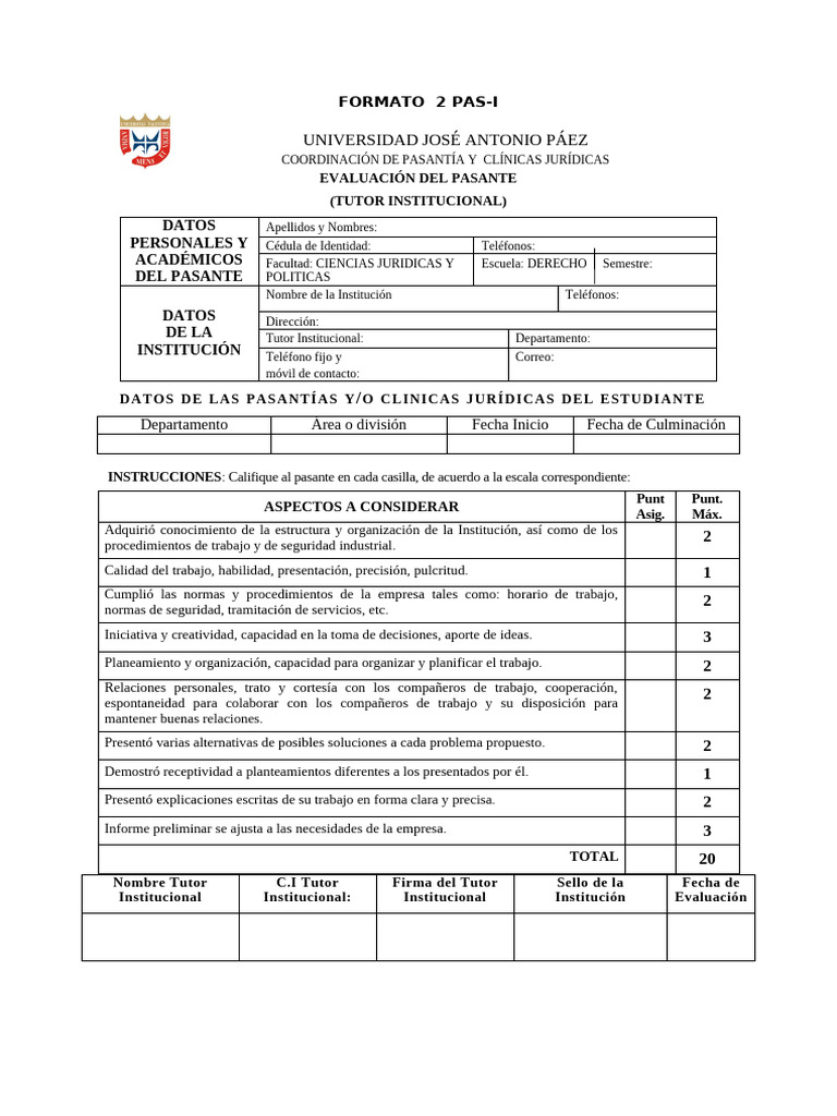 Formato 2 Pasantia (Evaluación Tutor Institucional) . | PDF | Institución