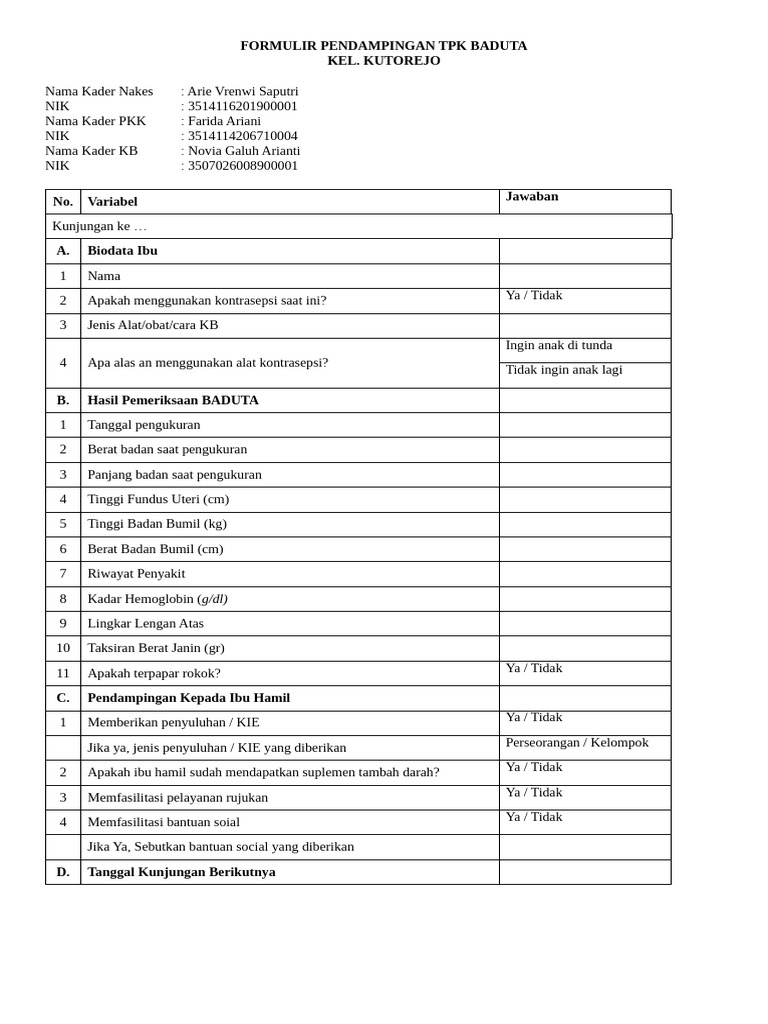 FORMULIR PENDAMPINGAN TPK BADUTA | PDF