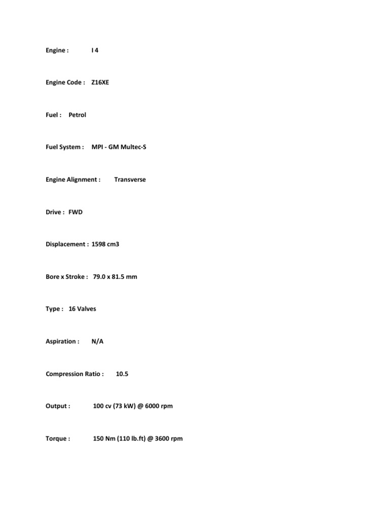 I4 1598cc 100cv Z16XE Engine Specs | PDF