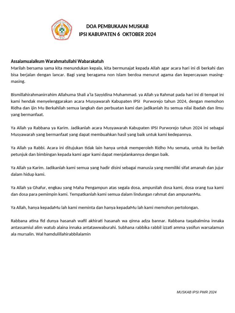 Doa Pembuka Musyawarah IPSI 2024 | PDF