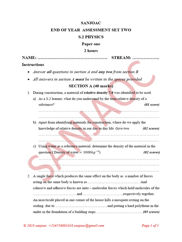 S.2 Physics End of Year Assessment | PDF | Pressure | Atmospheric Pressure