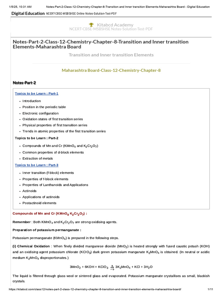 Class 12 Chemistry Notes: Transition Elements | PDF | Iron | Metals