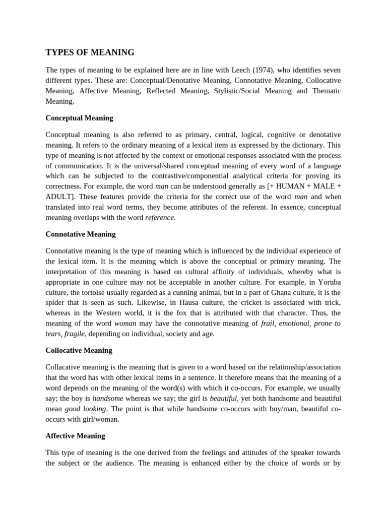 Types of Meaning Explained | PDF | Semantics | Word