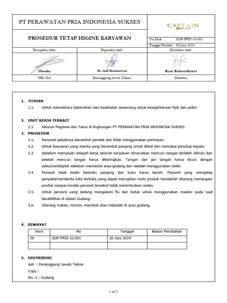 Prosedur Tetap Higiene Karyawan - Sop Ppis 10 | PDF