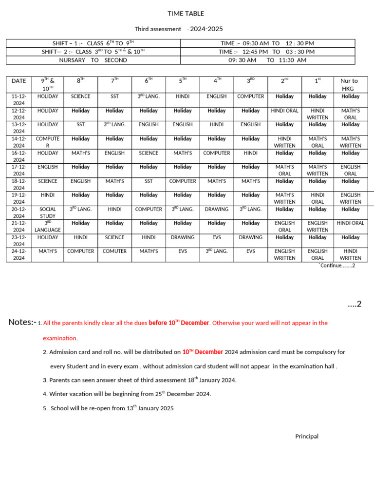 2024-2025 School Exam Schedule | PDF