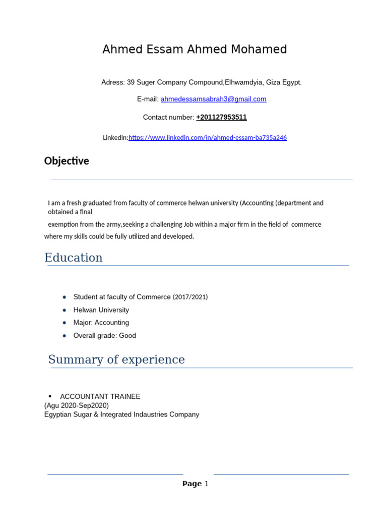 Ahmed Essam Ahmed Mohamed: Objective | PDF