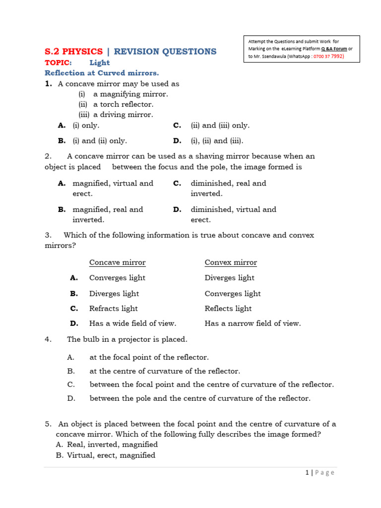 S.2 Physics Topical Revision - Light | PDF | Mirror | Electromagnetic ...