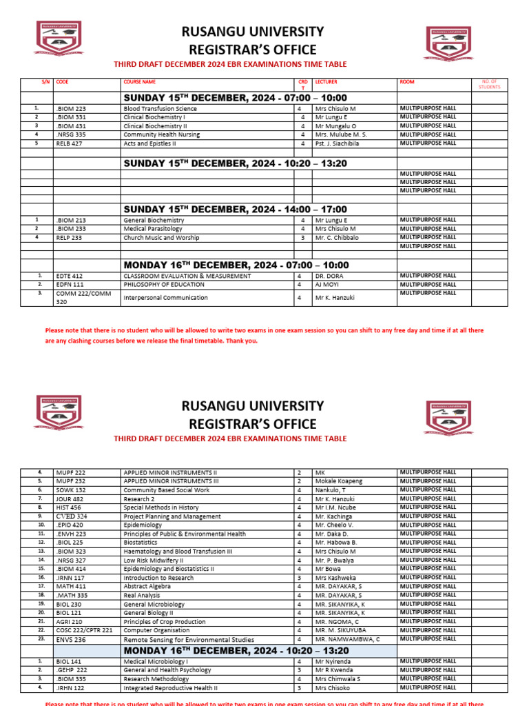 December 2024 Ebr Examinations Time Table 4TH Draft | PDF | Geography
