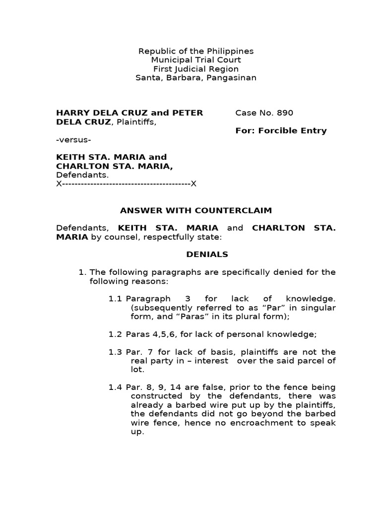 Answer On Forcible Entry | PDF | Lawsuit | Justice