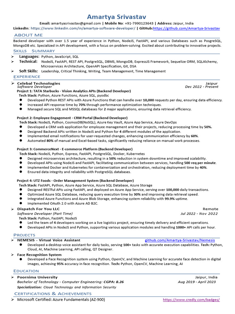 Amartya Resume Developer | PDF | Microsoft Azure | Databases