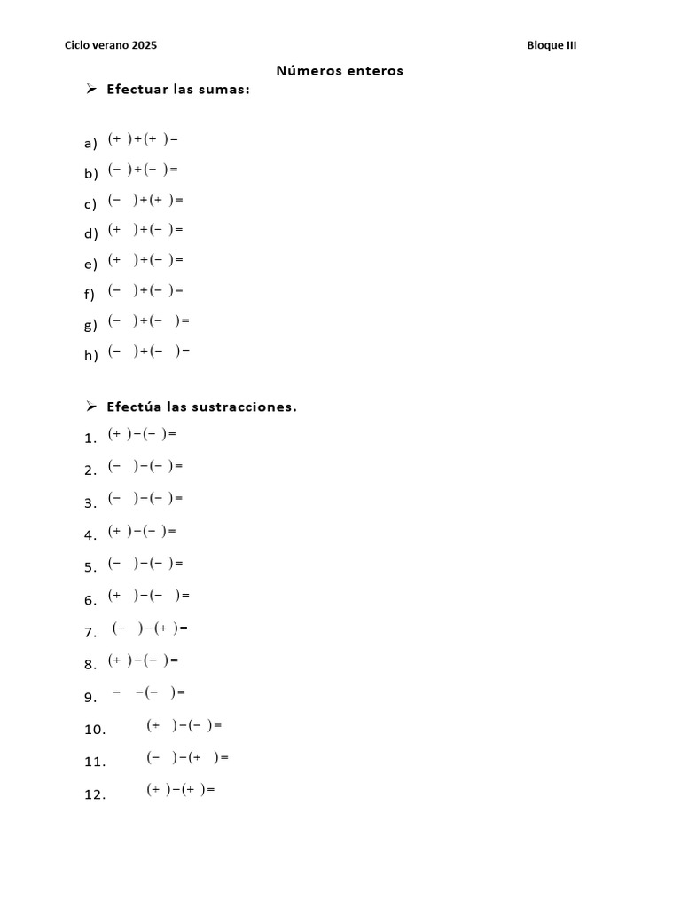 Ficha 1 - Numeros Enteros - Bloque 3 | PDF