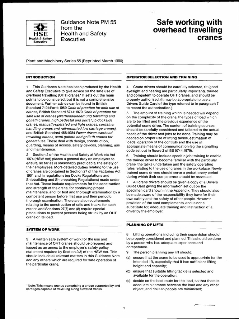 Overhead Cranes - HSE Guidance Note PM55 | PDF