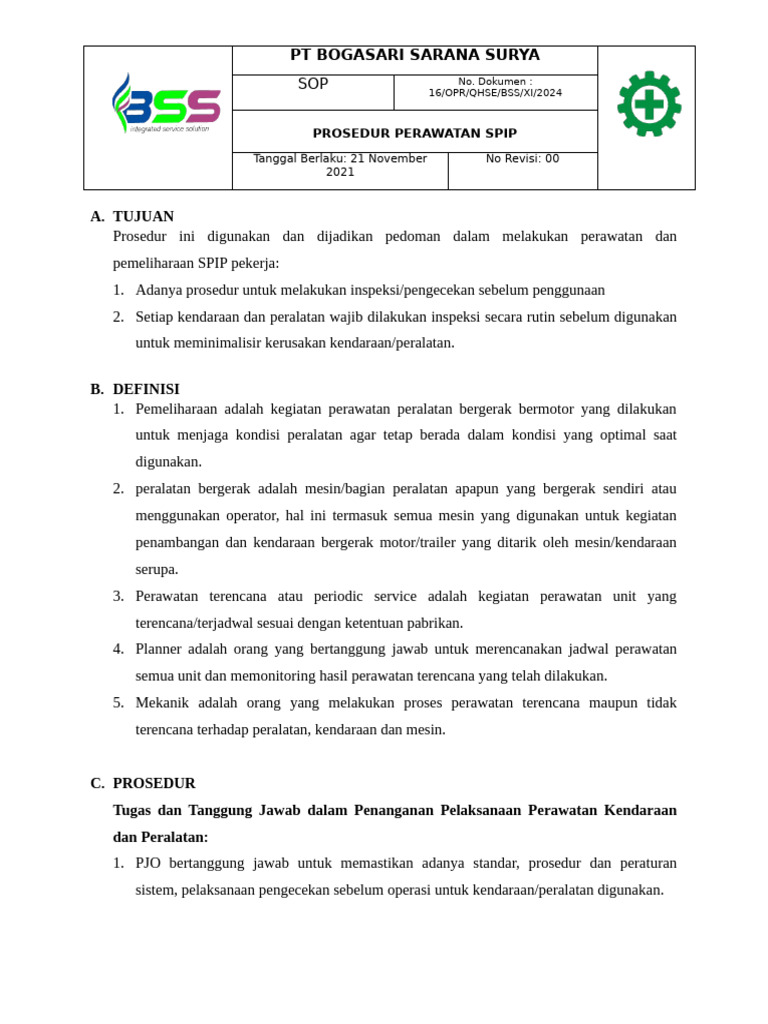 Sop Prosedur Perawatan Spip - PT BSS | PDF