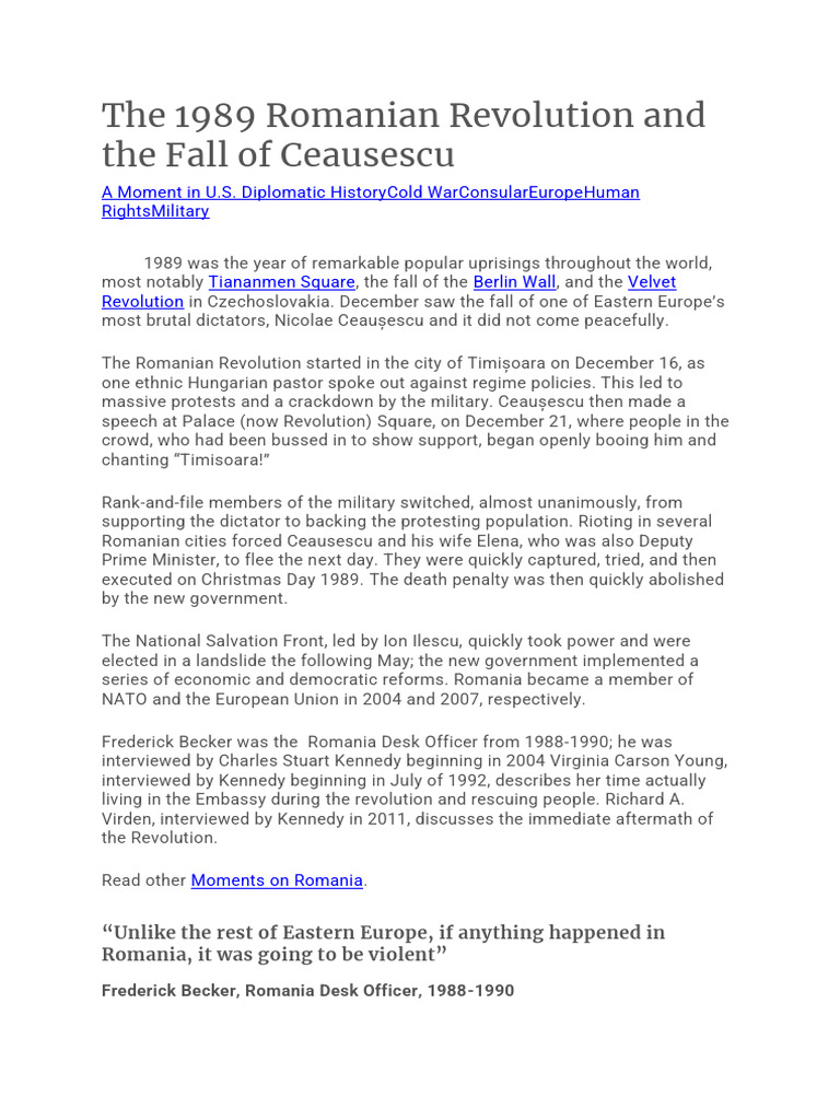 The 1989 Romanian Revolution and The Fall of Ceausescu | PDF