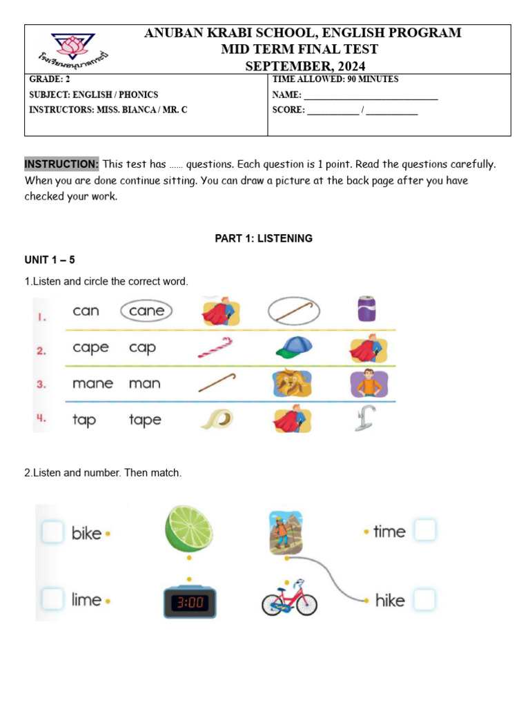 MID TERM FINAL TEST PHONICS | PDF