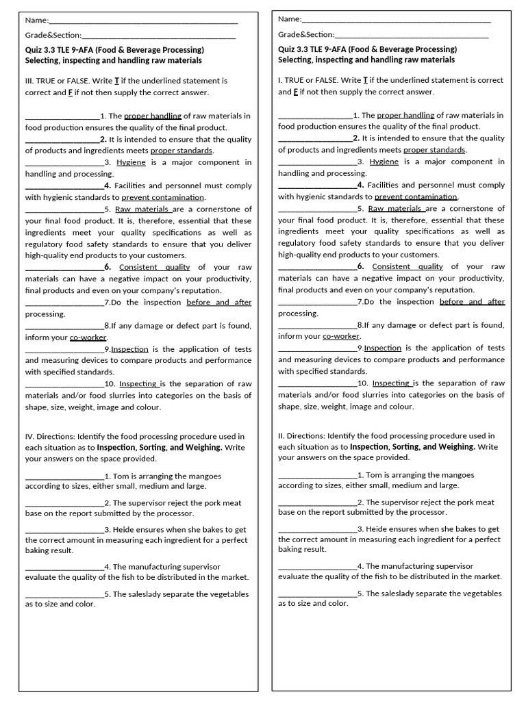 Food Processing Quiz: Raw Material Handling | PDF | Food Safety