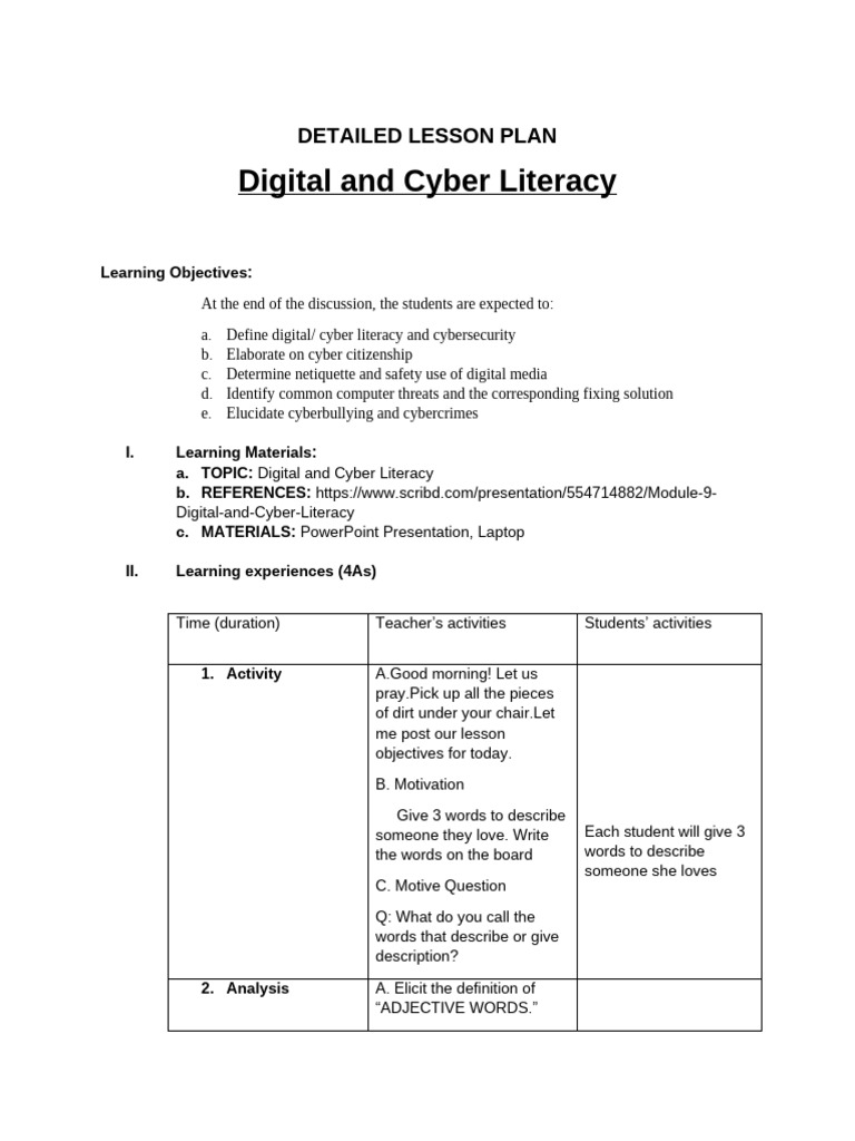 Digital and Cyber Literacy Lesson Plan | PDF | Linguistics | Learning