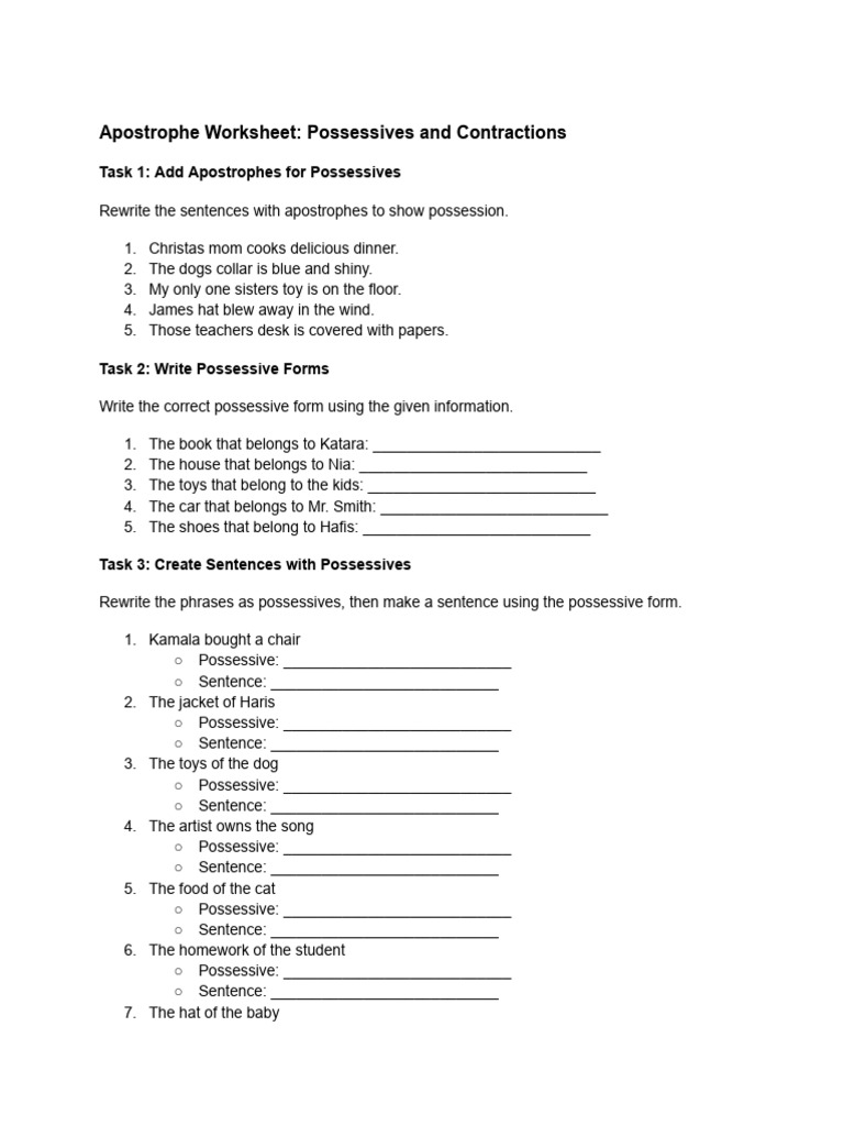 Apostrophe Worksheet - Possessives and Contractions | PDF