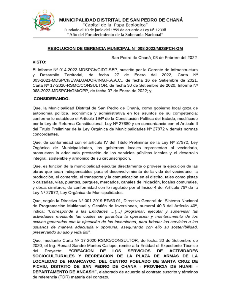 R. GM #008-2022 Aprobacion de Expe. | PDF | Gobierno local | Presupuesto