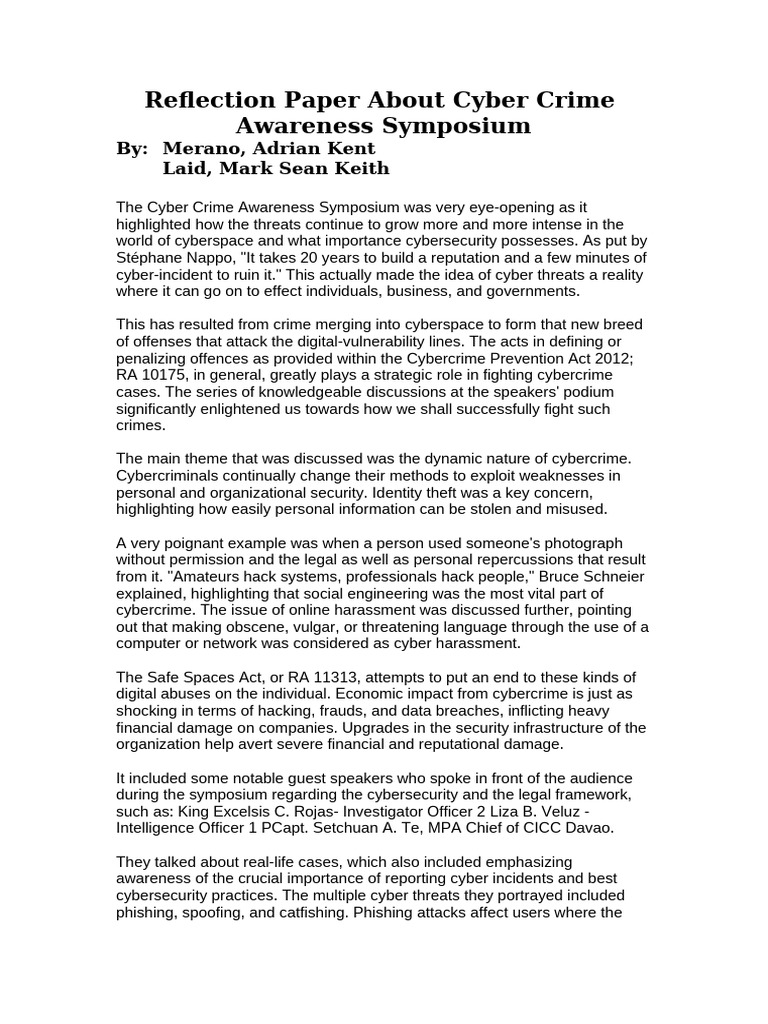 Reflection Paper About Cyber Crime | PDF | Cybercrime | Security