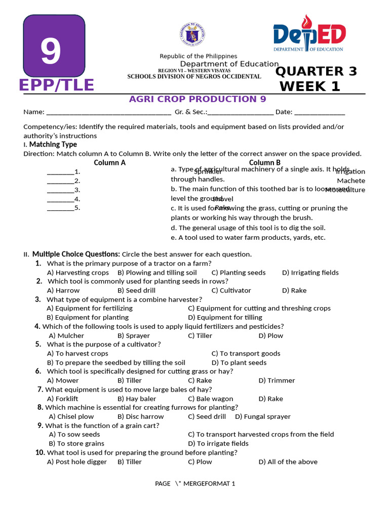 AFA_TLE AGRI CROP-GRADES 9- WEEK 1 | PDF | Plough | Hay