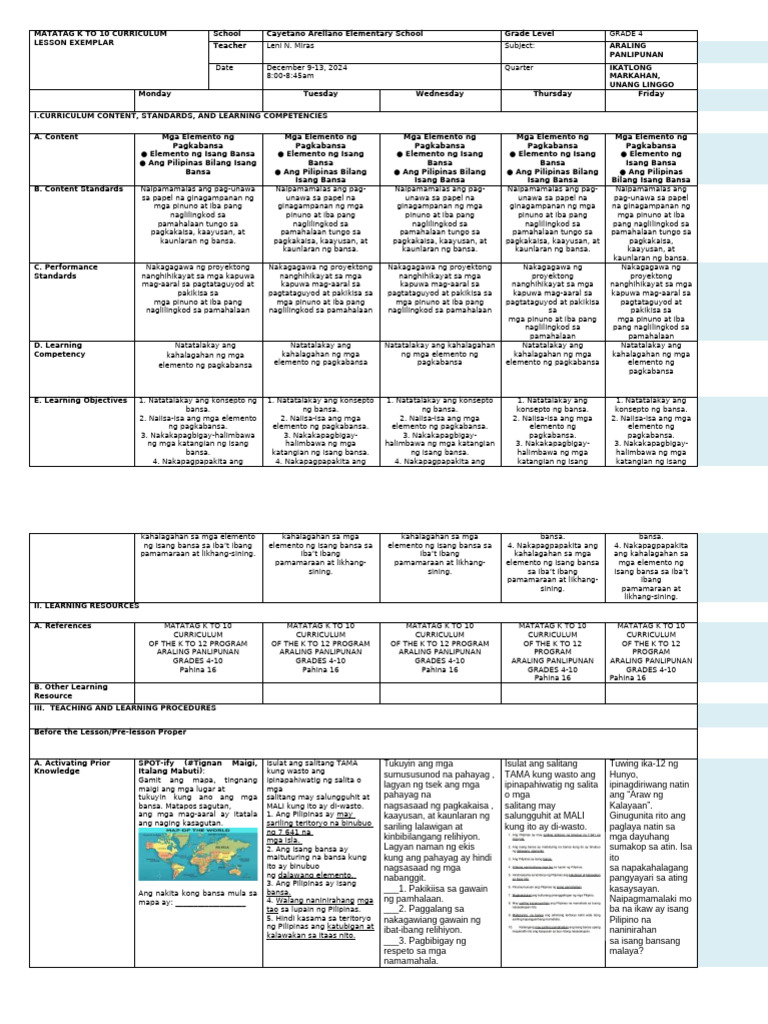 Grade 4-q3w1(Matatag Dll)- AP | PDF