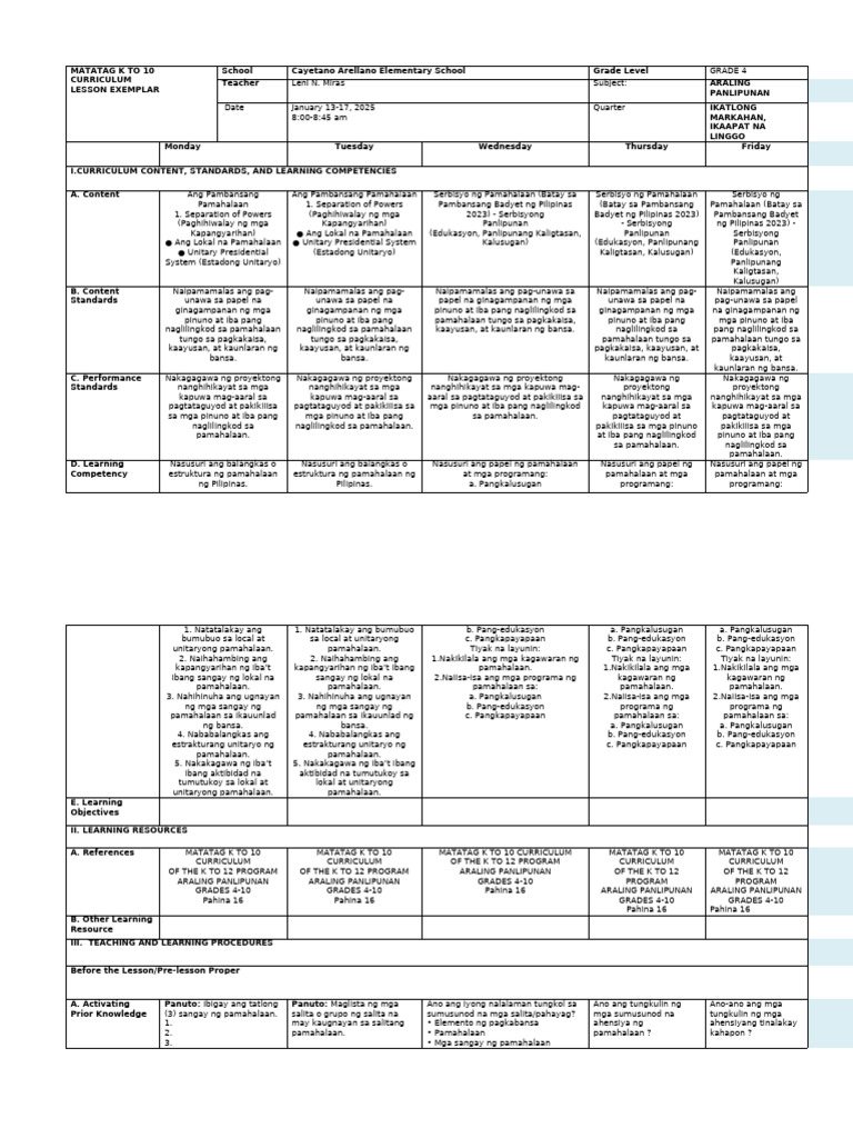 Grade 4-Q3W4 (Matatag DLL) - Ap | PDF