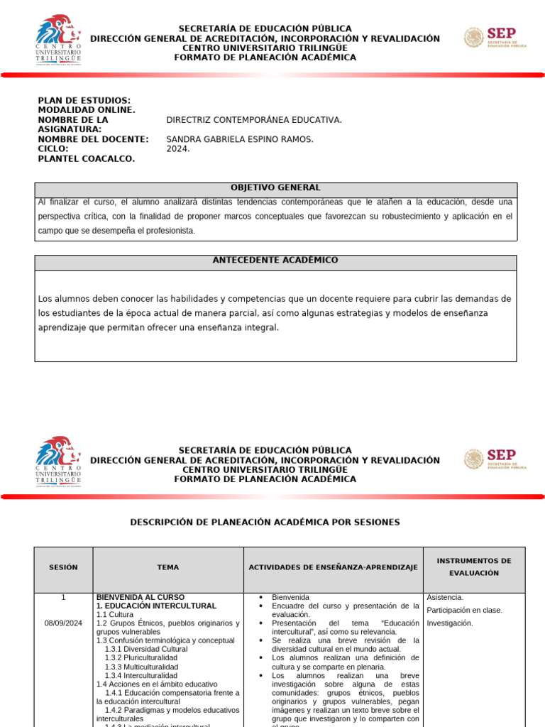 Planeación Directriz Contemporanea Educativa, Dra. Sandra Espino | PDF | Evaluación | Maestros