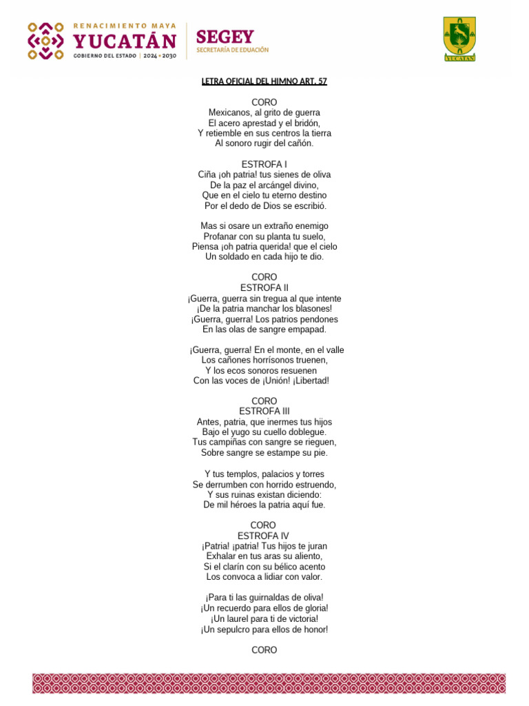 Letra Oficial Del Himno Nacional | PDF