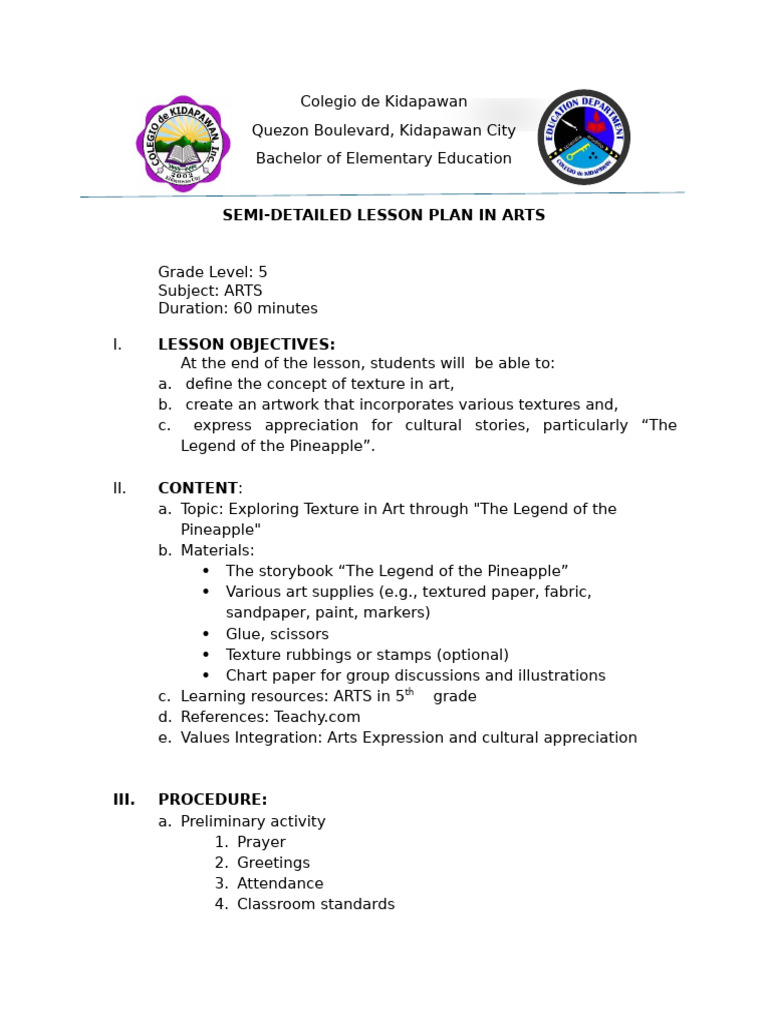 Grade 5 Arts Lesson Plan: Texture Exploration | PDF | Brainstorming ...