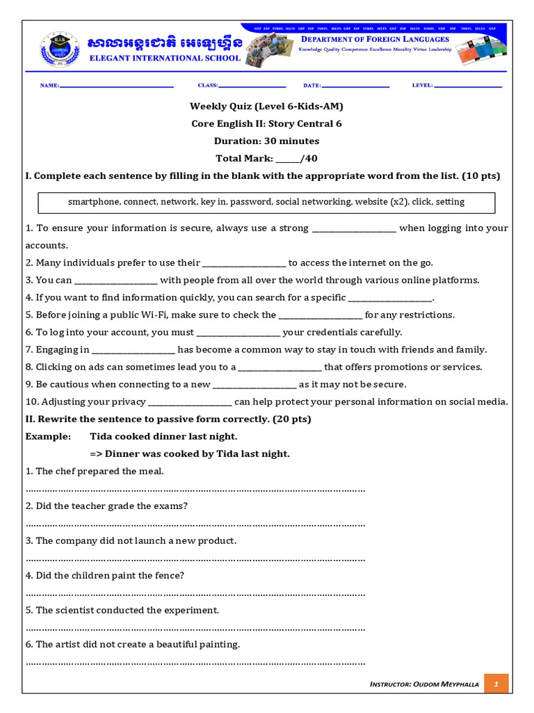 Weekly Quiz-Lv6-Kids-Ch8-1 | PDF