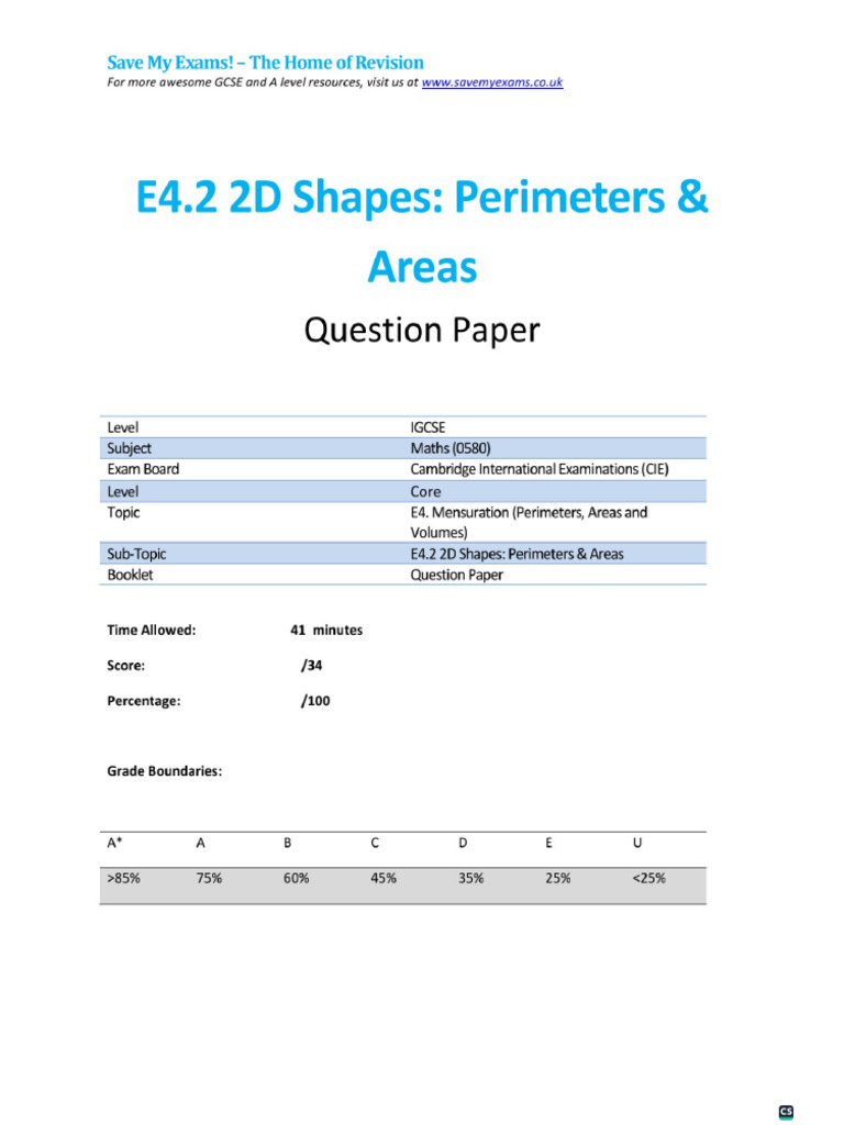 4.2 Mensuration 2D Shapes Perimeters and Areas CP | PDF