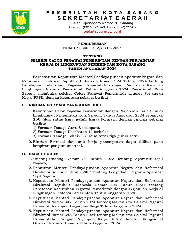 PENGUMUMAN PPPK 2024 DENGAN LAMPIRAN | PDF