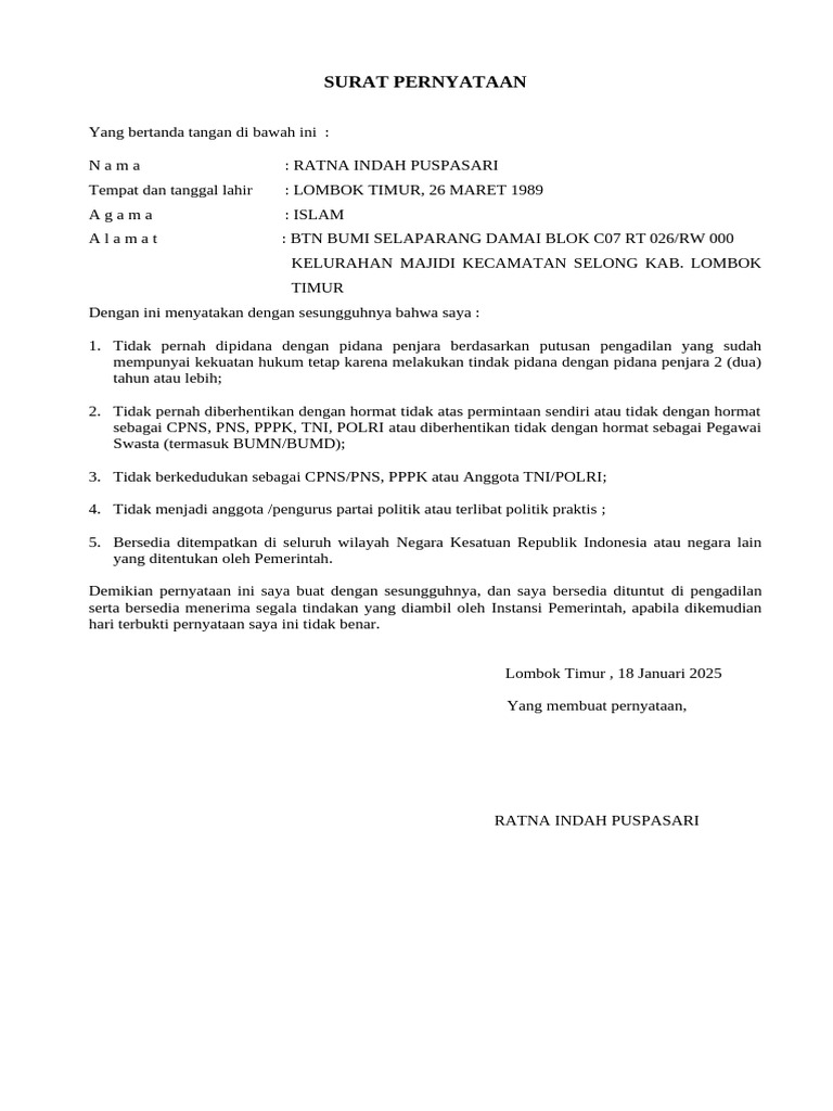 Surat Pernyataan 5 Point PPPK 2024 Ratna | PDF