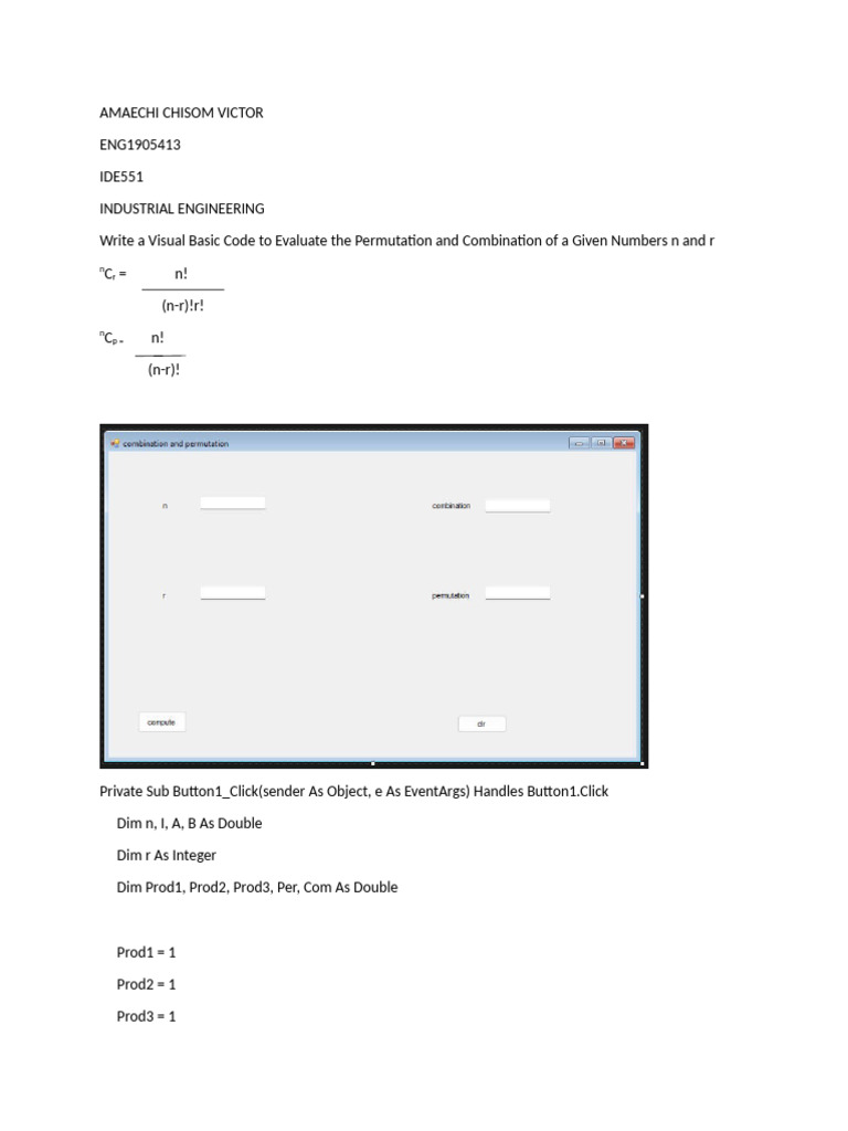 Visual Basic Code for Permutations & Combinations | PDF