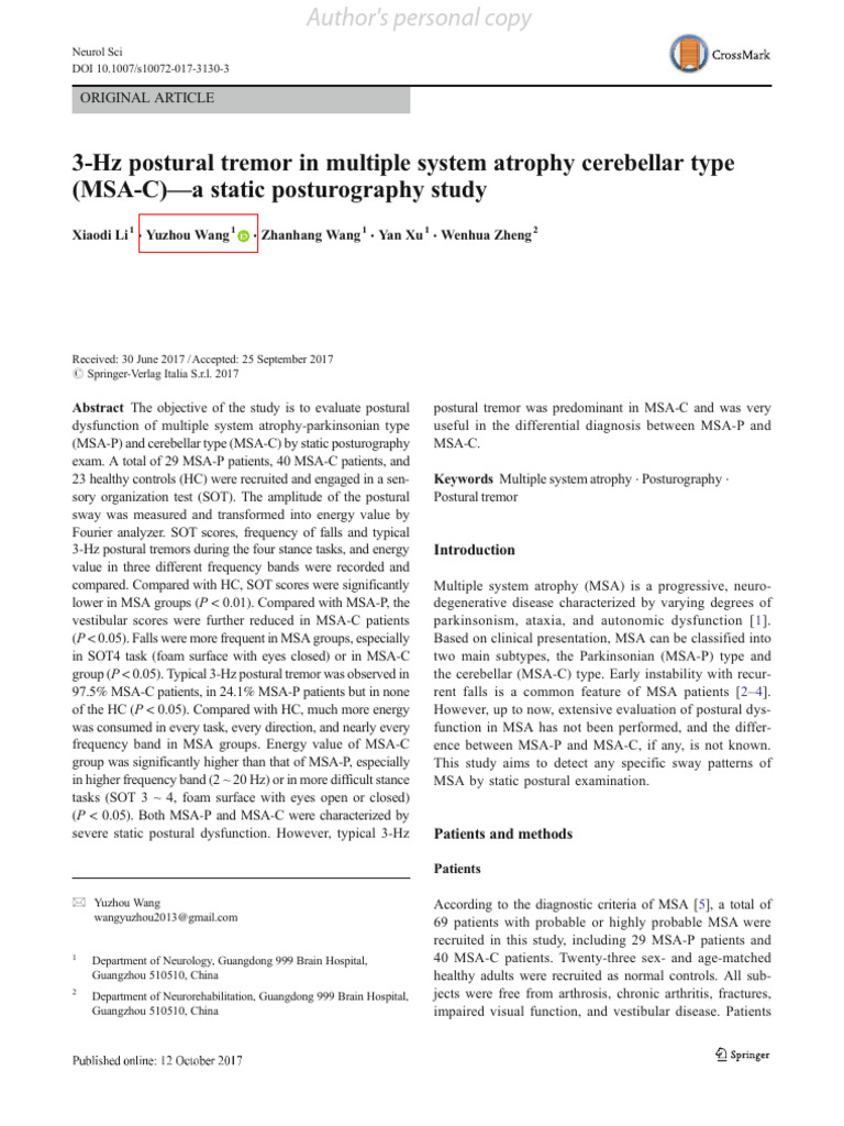 3-Hz Postural Tremor in Multiple System Atrophy Cerebellar Type (MSA-C ...