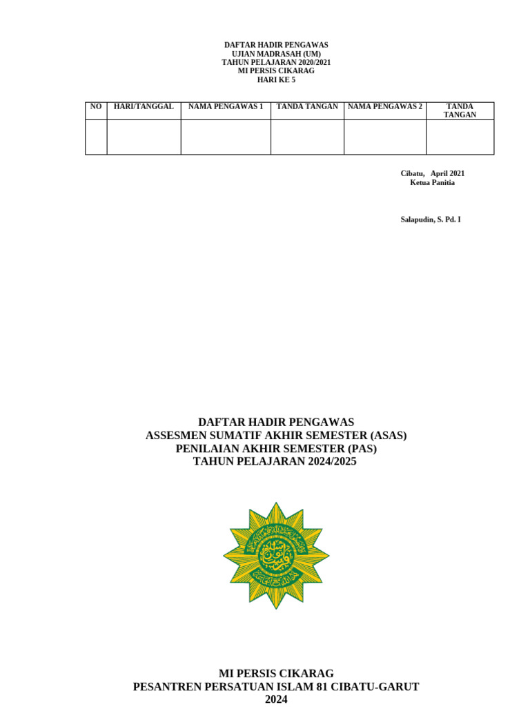 Daftar Hadir Pengawas Ruang | PDF