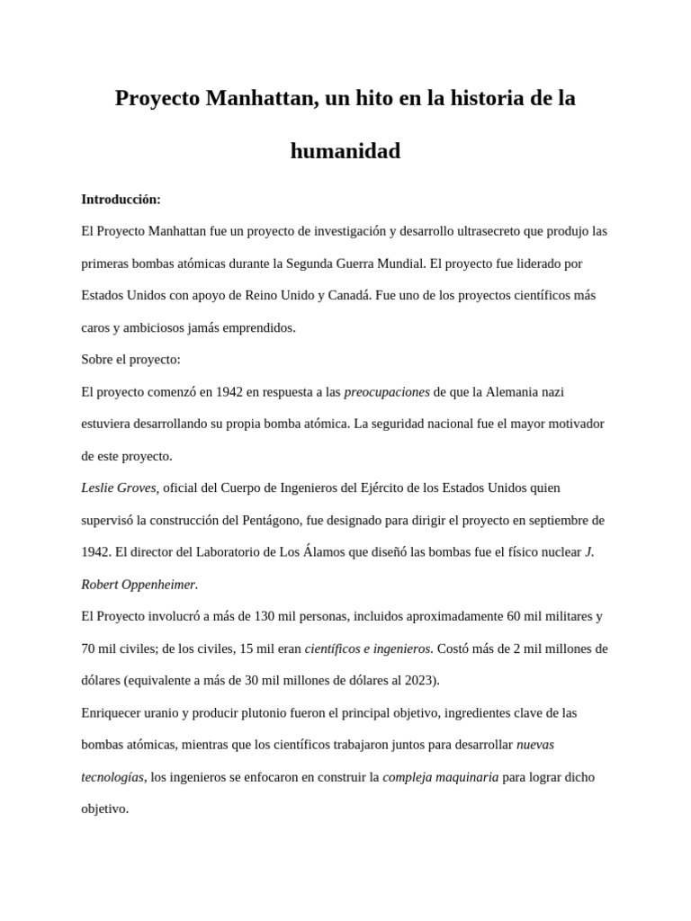 Resumen del Proyecto Manhattan | PDF | Proyecto Manhattan