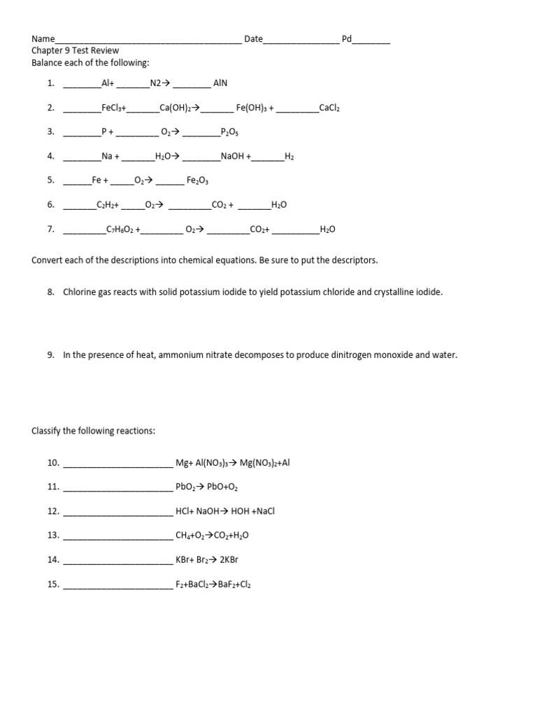 Chapter 9 Chemistry Test Review | PDF