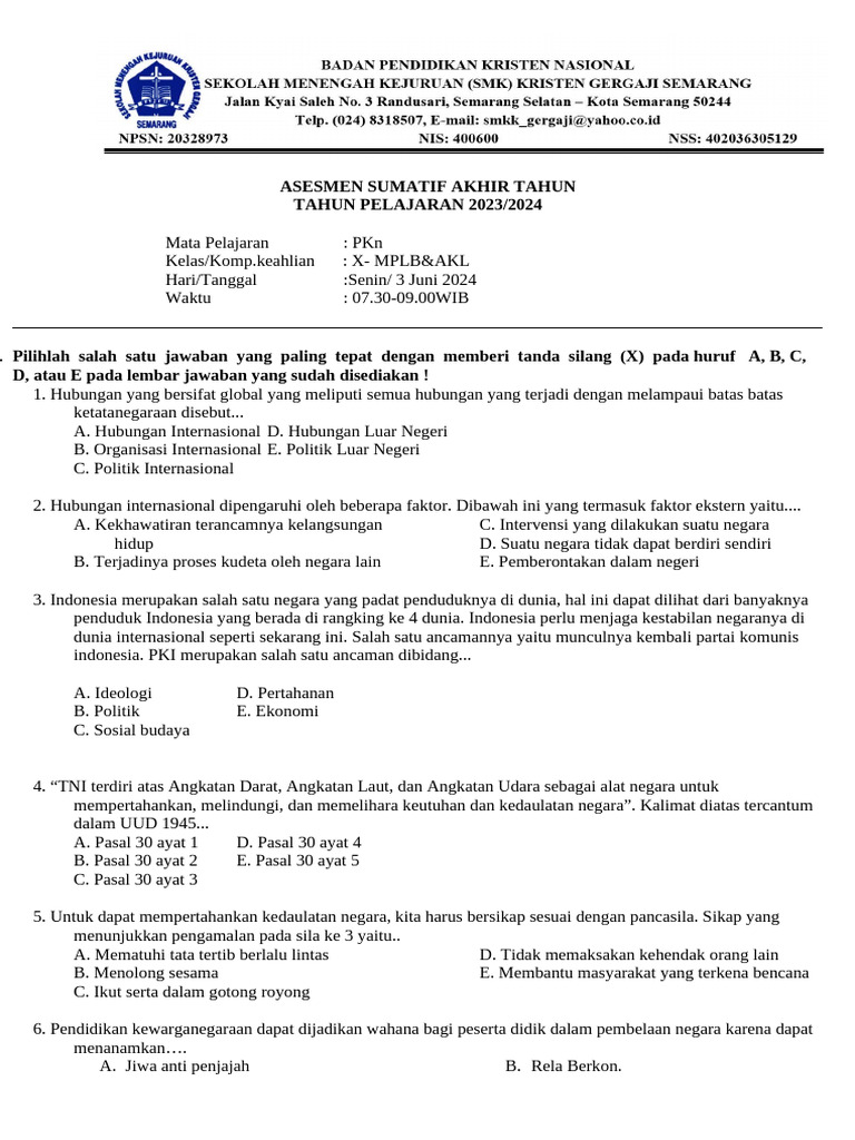 PENILAIAN AKHIR TAHUN KELS X | PDF