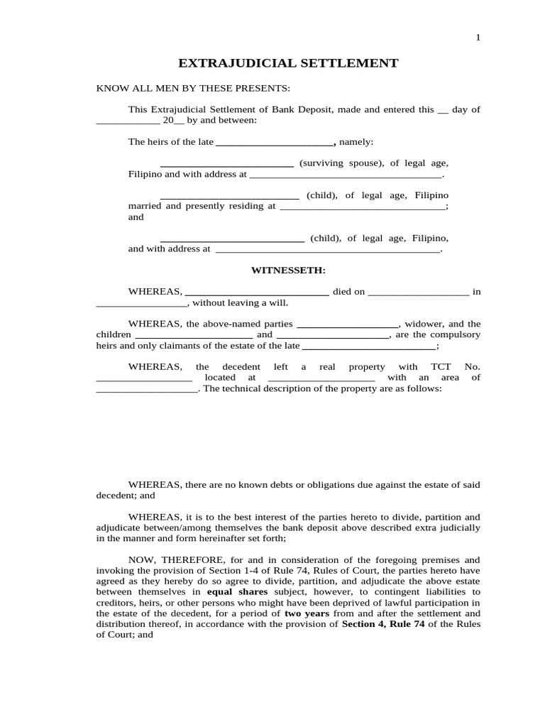 Extrajudicial Settlement of Bank Deposit Form | PDF | Civil Law (Legal ...