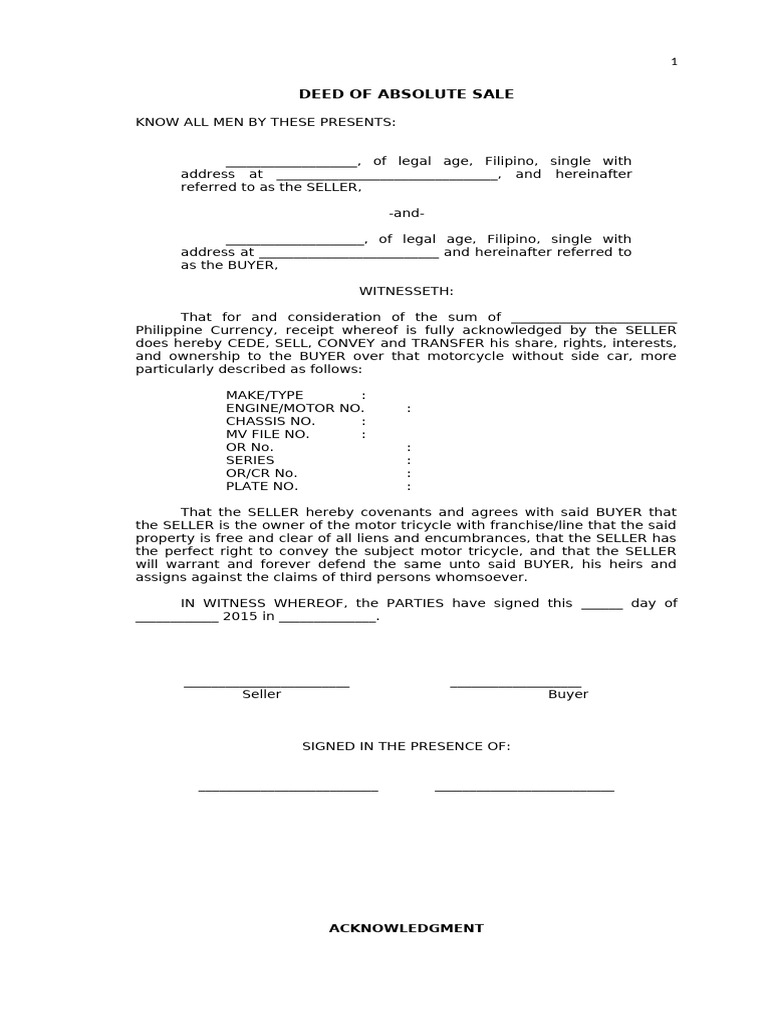 Deed of Sale Format 10-28-2015 | PDF | Deed | Natural Resources Law