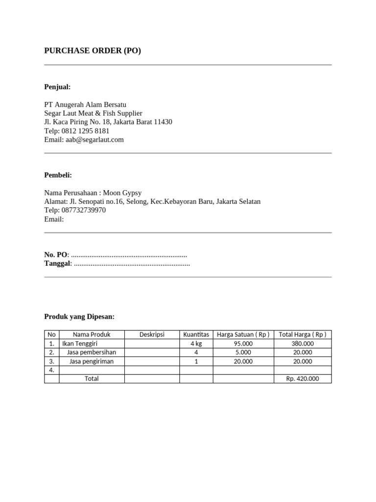 Purchase Order Ikan Tenggiri dan Jasa | PDF