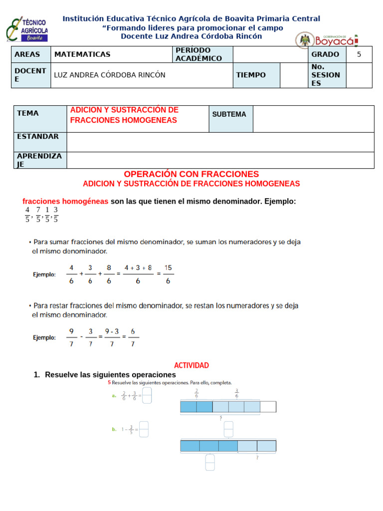 Adicion y Sustracción de Fracciones Homogeneas | PDF | Sustracción ...