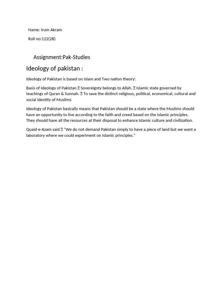 Ideology of Pakistan:: Assignment:Pak-Studies | PDF